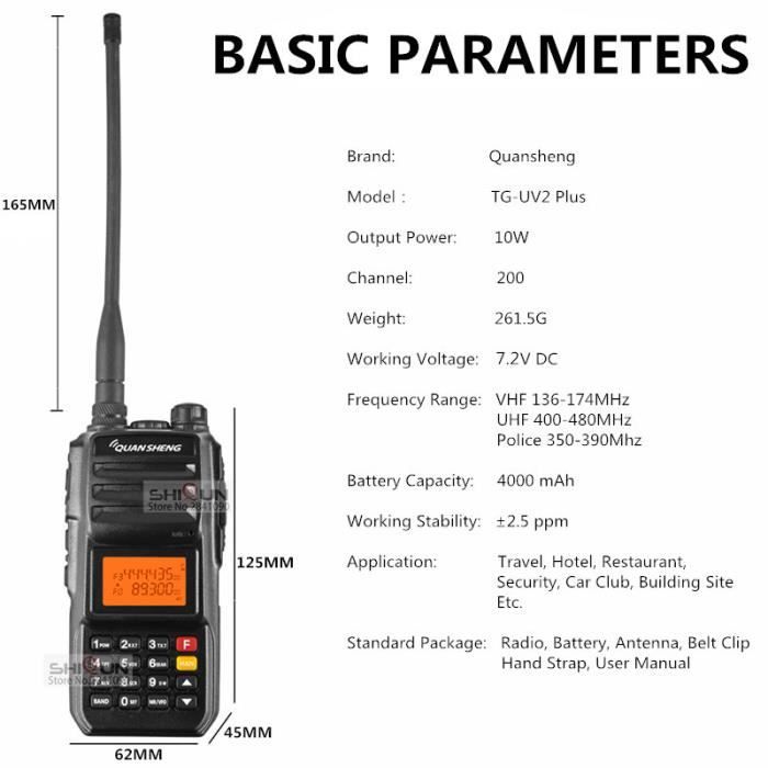 48cm-micro-walkie-talkie TG-UV2 Plus 10W, longue portée 10 KM, 4000mah ...