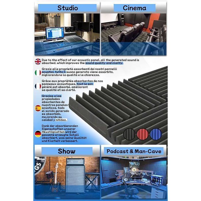 12 Polyurethane Wedge Panneaux Mousse Acoustiques 50x50x5cm Correction ...