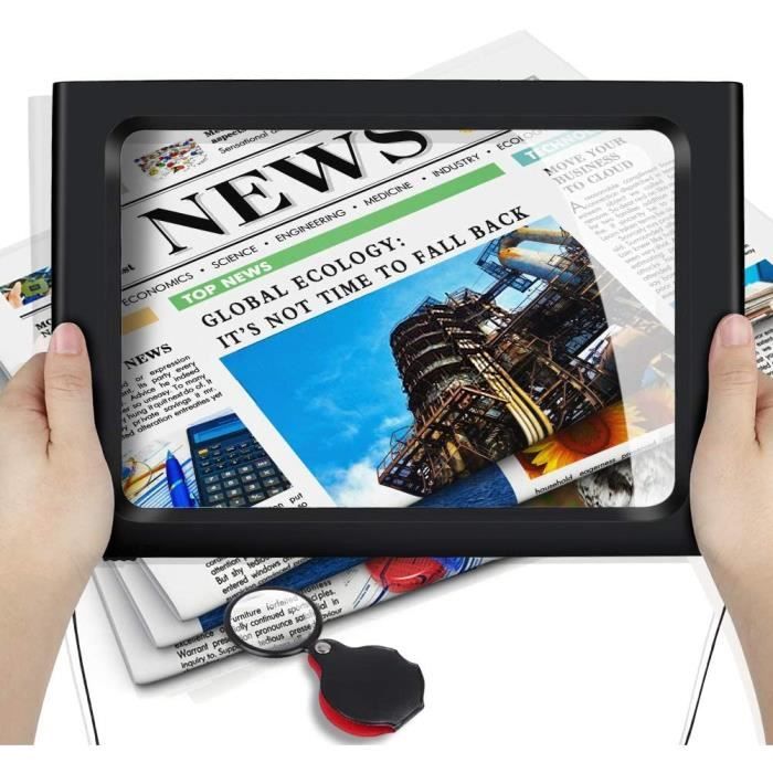 Loupe Lecture Loupe de Lecture avec 12 Lumineuse LED 3X Grossissement A4 Rectangulaire Loupe ...
