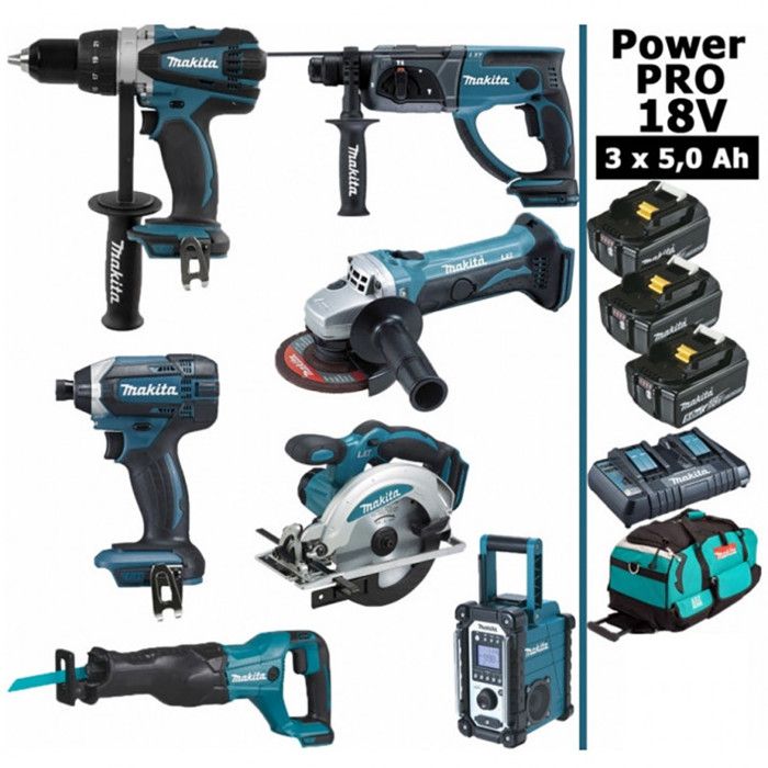 Pack Makita Power PRO 7 outils 18V: DDF458 + DHR202 + DTD152 + DGA504 ...