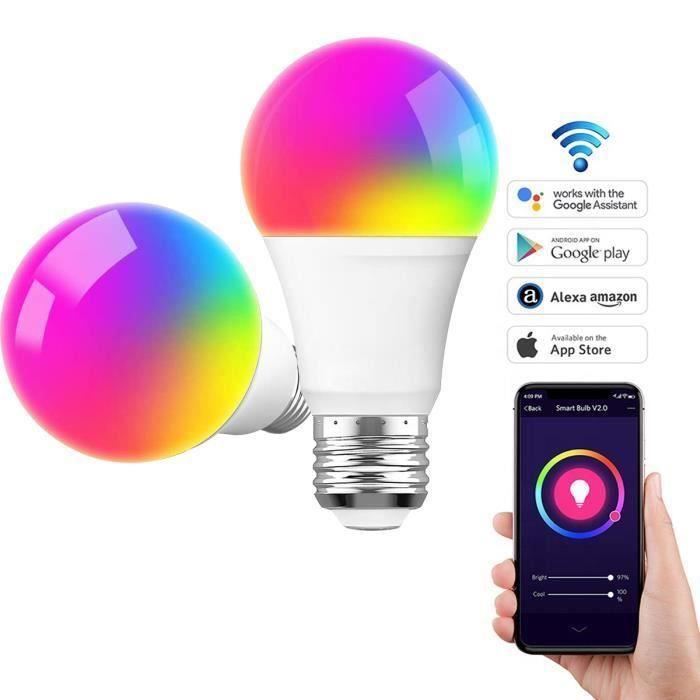Lot de 2 Ampoules LED RGB Intelligente E27 Wifi Smart Bulb, Ampoule Connectee Alexa,Google Home ...