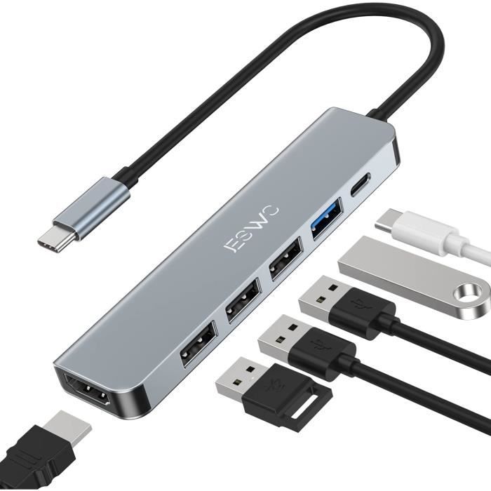 Adaptateur Usb C Hub Hdmi, Adaptateur Usb C 6 En 1 Avec Hdmi 4K, 1 Port Usb 3.0 Et 3 Ports Usb 2 ...