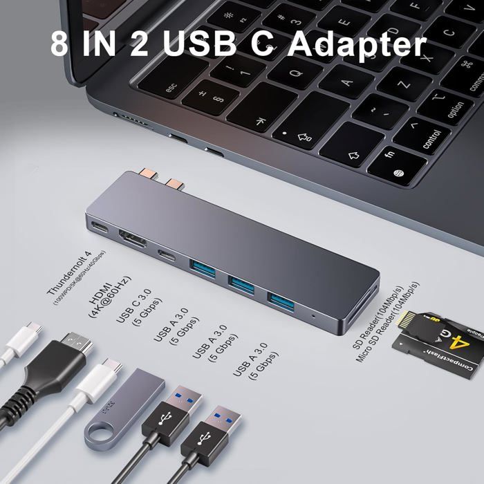 Usb C Hub, 8 In 2 Usb Adaptateur Pour Macbook Pro Air，Thunderbolt 4 ...