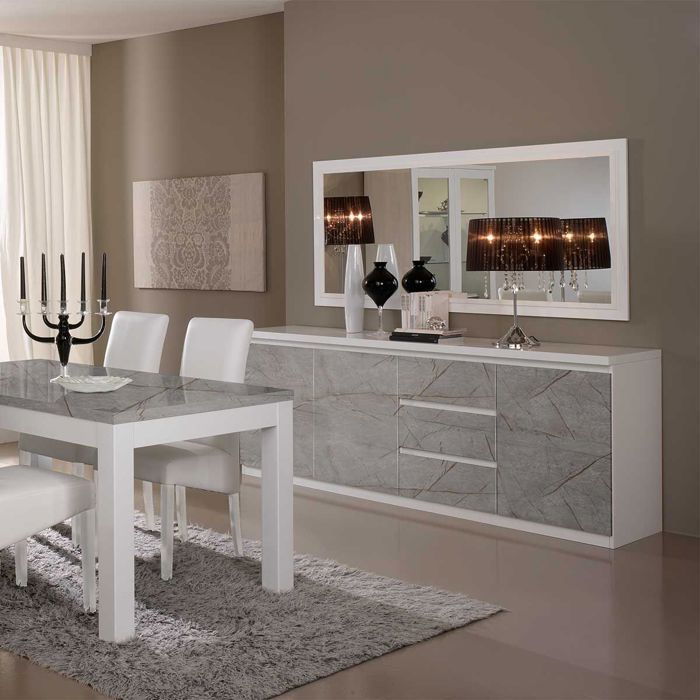 DEYTON - Buffet 3 Portes 3 Tiroirs Laqué Blanc et Gris Marbré ...