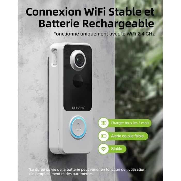 MUBVIEW - 1080P HD Sonnette sans Fil avec Caméra, Batterie Visiophone ...