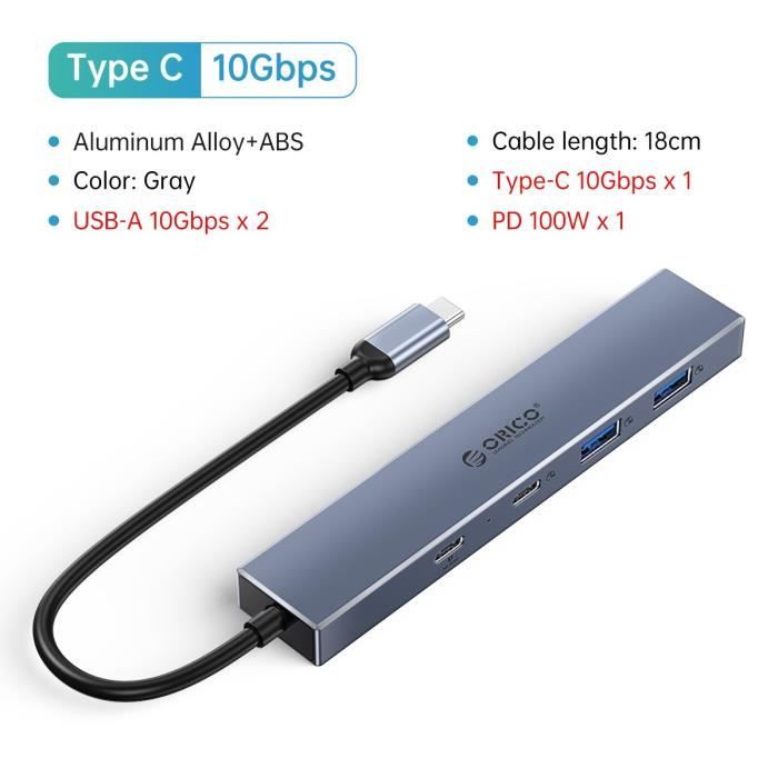 Gris PD USBAC Simple - répartiteur OTG USB 3.2 de Type C 10Gbps HUB 4 ...