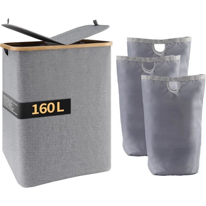 Panier à linge de 160L avec couvercle, 2 compartiments, pliable en ...