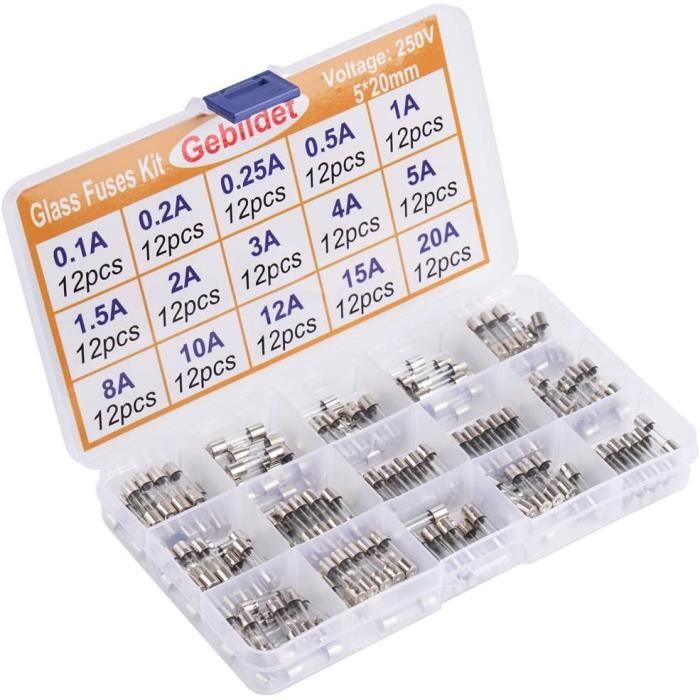 15 Valeurs 180Pcs 5×20Mm 250V Fusion Rapide Fusible Verre Kit D'Assortiment(0.1A-0.2A-0.25A-0.5A ...