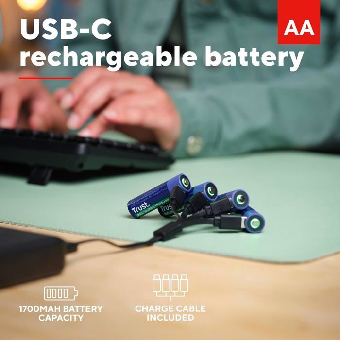 Piles AA rechargeables USB-C - JOZSI - Lot De 4, 1700 Mah, USB-C ...