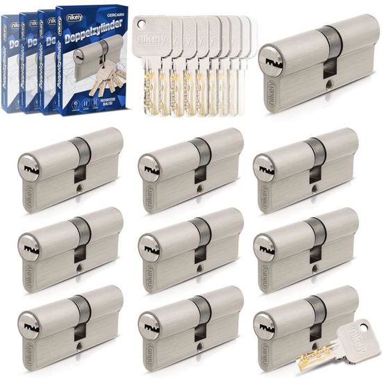 Lot de 10 cylindres de serrure Pro à fermeture identique 35-45 - 10 cylindres profilés avec 50 ...