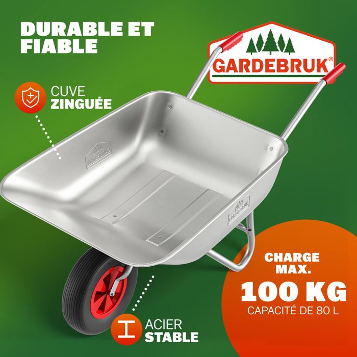 GARDEBRUK® Brouette 80L galvanisée poignée caoutchouc max. 100kg ...