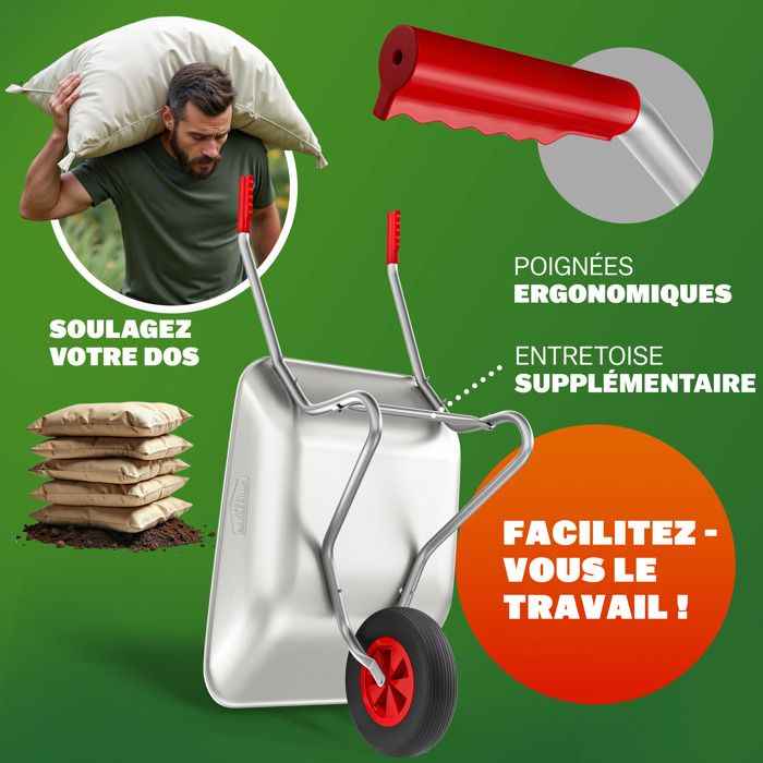 GARDEBRUK® Brouette 80L galvanisée poignée caoutchouc max. 100kg ...