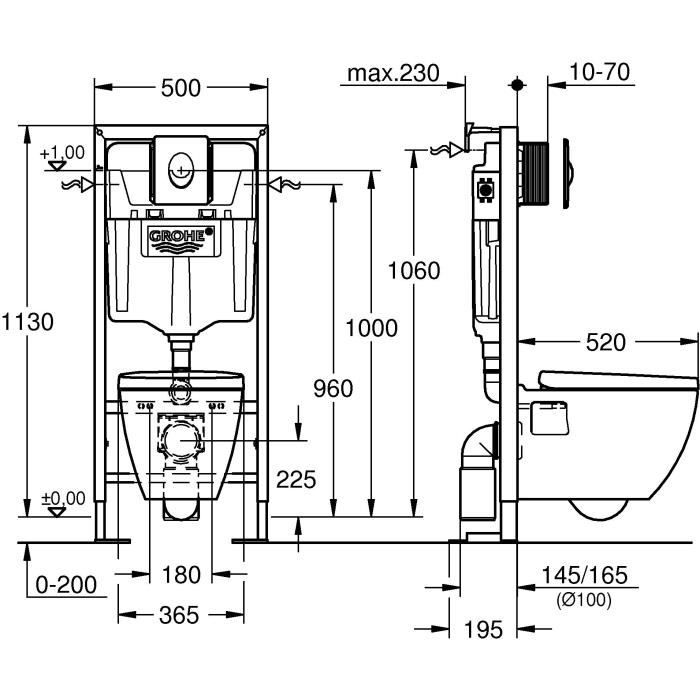 WC encastré GROHE - Céramique - Réservoir 9L - Abattant frein de chute ...