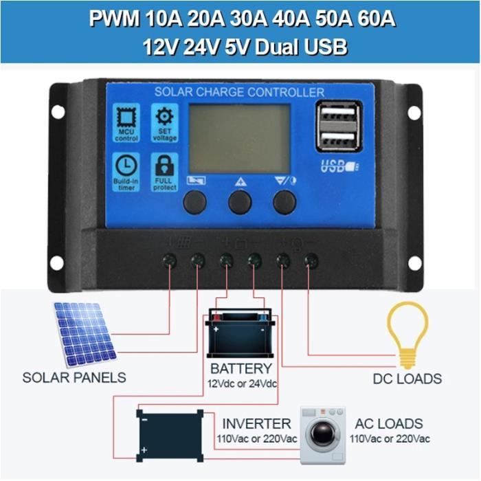 60A-Contrôleur de Charge solaire automatique 12V 24V, régulateur universel de panneau solaire ...