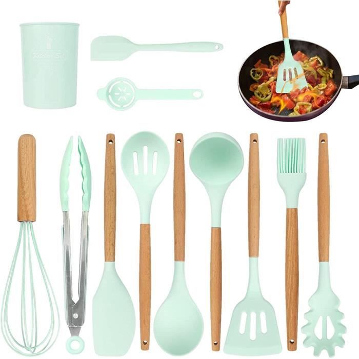 Ensemble d'ustensiles de cuisine, Lot de 12 ustensiles de cuisine country avec manche en bois ...