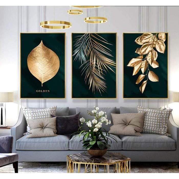 Lot de 3 affiches murales design avec motifs forêt, feuille dorées ...