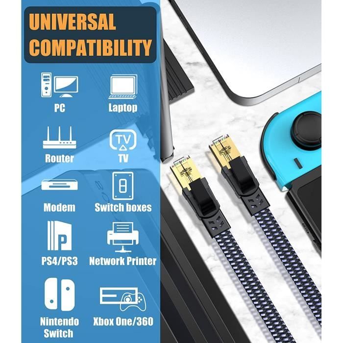 Câble Ethernet 25M, Cat 8 RJ45 Double Blindage 40Gbps 2000MHz cordon de ...