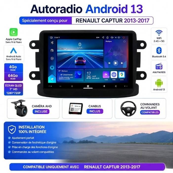 Autoradio Android 13 7” pour Renault Captur 2013-2017 4+64Go CarPlay ...