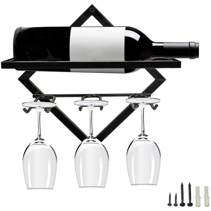Porte-bouteilles de vin mural en métal avec porte-verre à vin, pliable ...