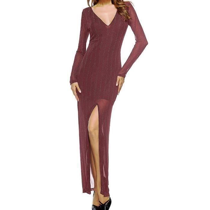 Robe longue fendue sexy à manches longues décontractée à manches longues pour femmes ...