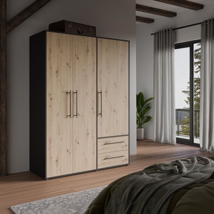 Armoire - Décor Chêne Artisan / Noir - 3 portes - L144,4 x P58,8 x ...