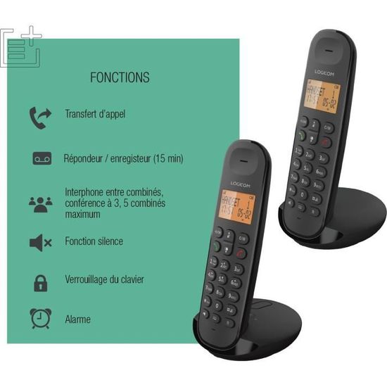 Téléphone fixe sans fil - LOGICOM - DECT ILOA 255T DUO - Noir - Avec ...