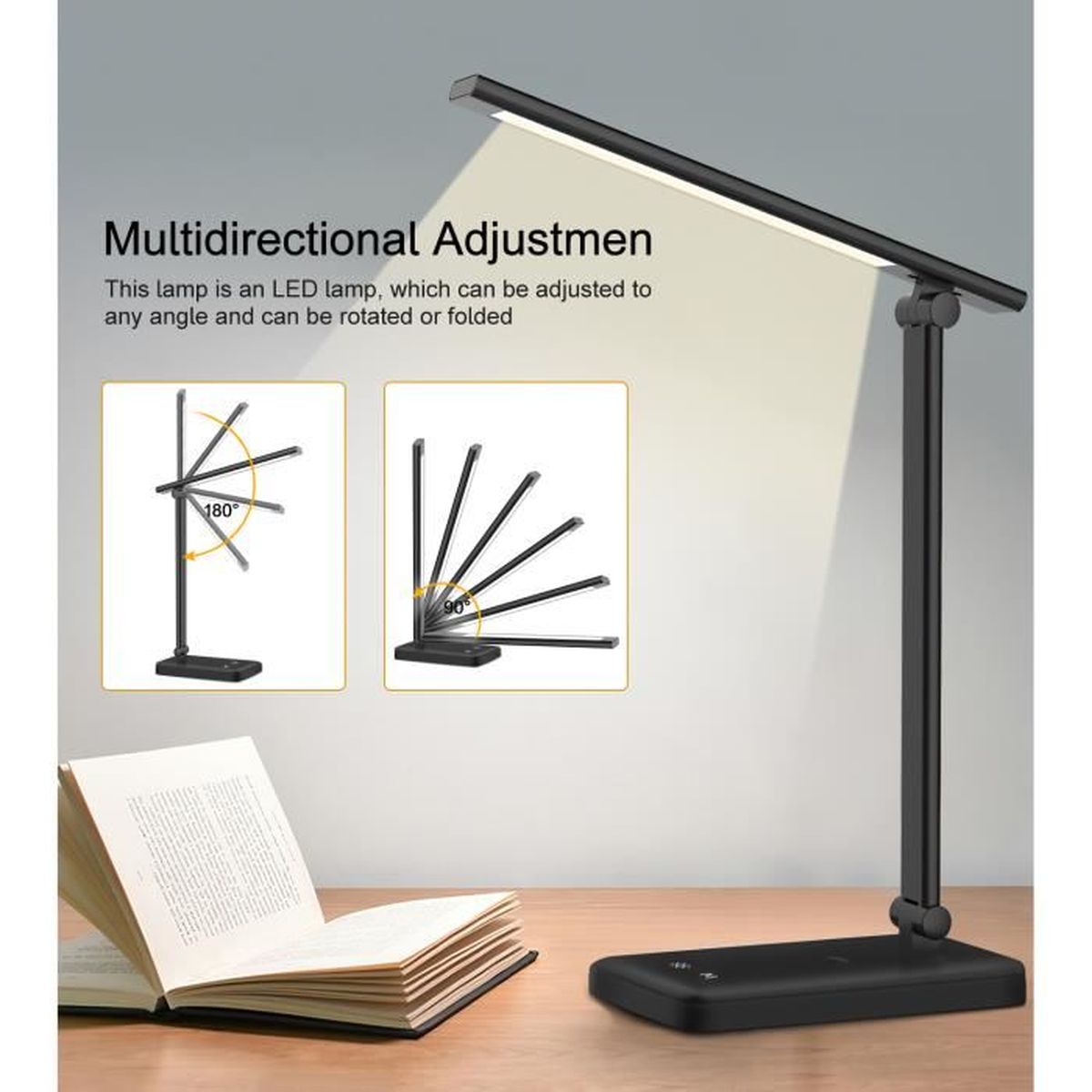 Lampe de bureau rechargeable à LED pliable, lampe de chevet avec port ...