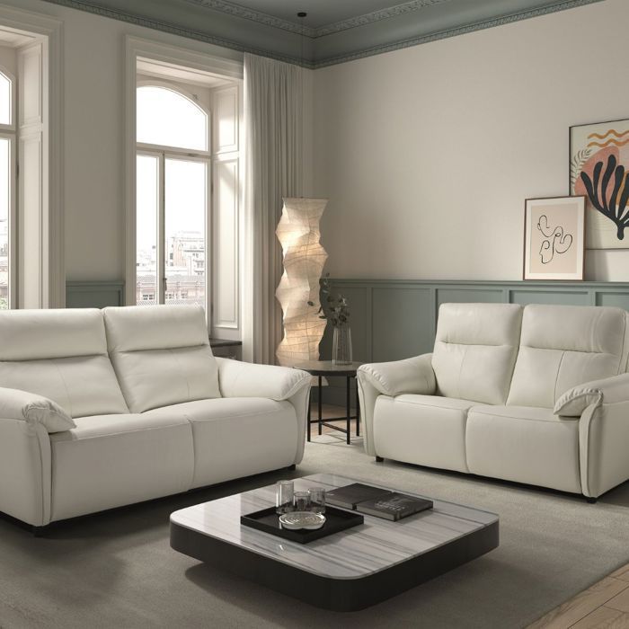 MAZARO - Canapés 3 Places Relax Electrique + 2 Places Fixe Cuir Blanc ...