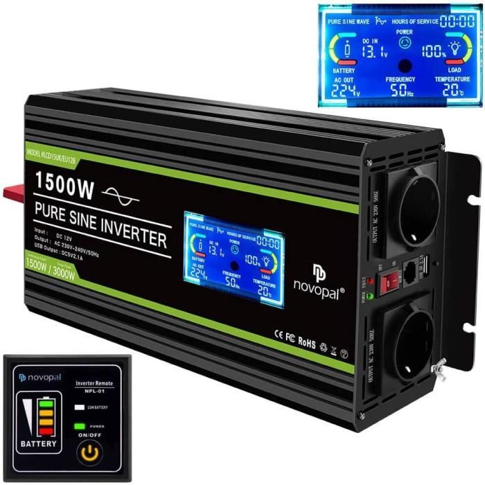 NOVOPAL Convertisseur Pur Sinus 1500W- transformateur 12V 220V 230V avec telecommande et Dual AC ...