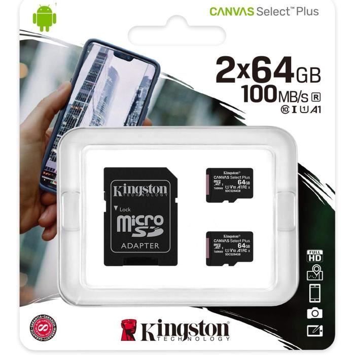 Kingston Canvas Select Plus Carte Micro Sd Sdcs2-64Gb-2P1A Class 10 (2X Cards,Sd Adaptateur ...