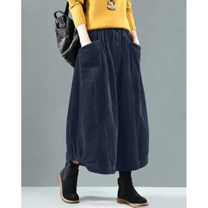 Jupe en Velours Côtelé Vintage Midi - Femmes - Bleu - Taille Élastique ...