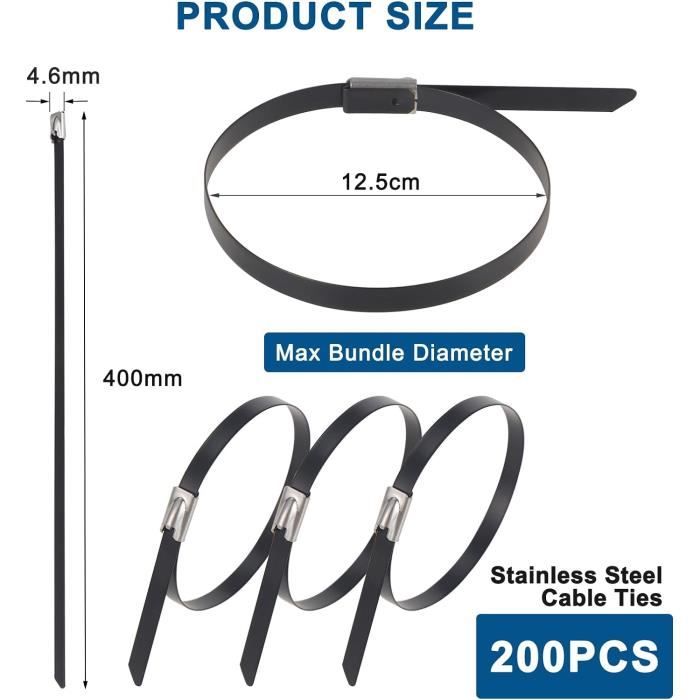 Gueenky 200 Pièces Attache Câble en Acier Inox, 400 x 4,6 mm Serre-câbles Acier Autobloquant ...