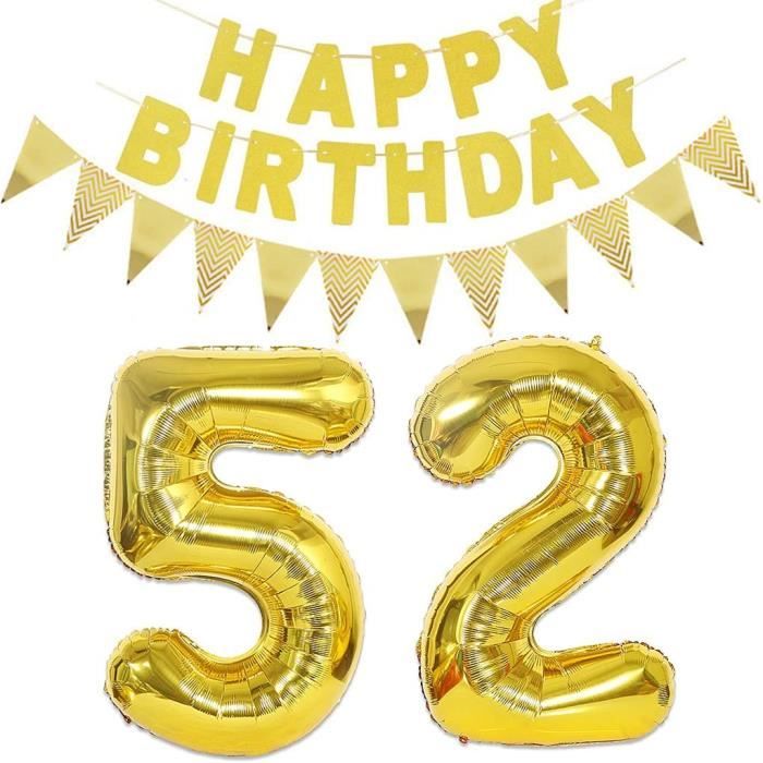 Lot De 2 Ballons En Forme De Chiffre 52 Doré + Guirlande Happy Birthday ...