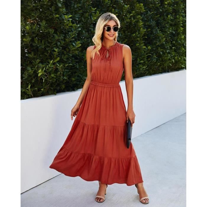 Robe Longue Femme Robe Col en V de style vacances décontractée Casual ...