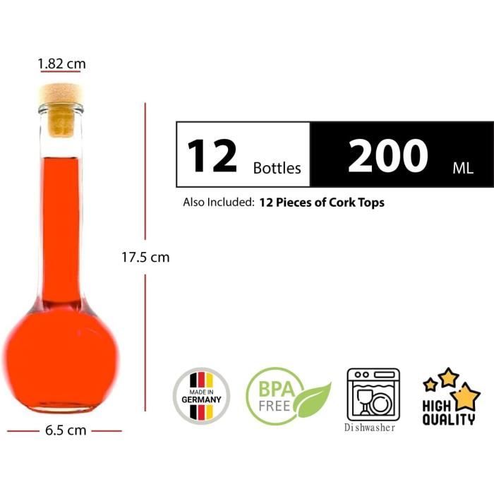 Casavetro 12 x 200ml Bouteilles en verre vides 200ml Hermétique rechargeable pour prunelle, gin ...