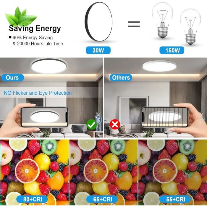 Plafonnier Led, Luminaire Plafonnier 30W 1500Lm, Dimmable Lampe Plafond ...