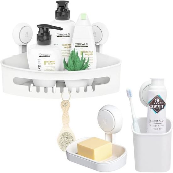 AJW-Support de Douche Angle Etagère Ventouse et porte-savon et porte ... AJW-Support de Douche Angle Etagère Ventouse et porte-savon et porte ...