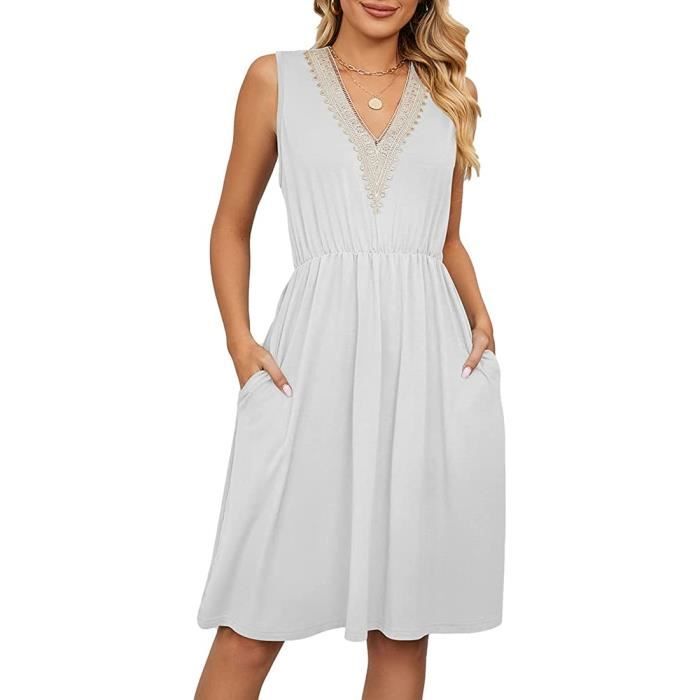 Robe Femme été Col V sans Manches Bordée Longue Genou Robe de Plage Casual Robe avec Poches ...