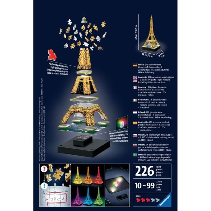 Puzzle 3D Tour Eiffel illuminée - Ravensburger - 216 pièces - sans colle - avec LEDS couleur ...