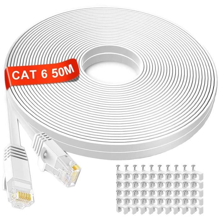 Cable Ethernet 50m, Cat 6 Cable RJ45 50m Plat Haut Débit Fibre Cable Internet 250MHz Gigabit ...