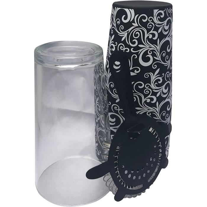 AJW-BarBlades Boston Shaker en étain noir mat avec motif fleur blanche ...