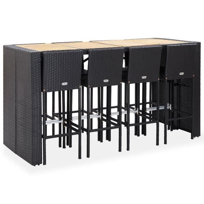 DUOKON - Mobilier de bar 9 pcs Résine tressée et bois d'acacia Noir ...