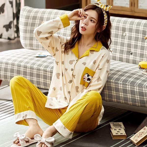 Pyjama femme long,Simple gris treillis femmes Pyjamas à manches longues ...