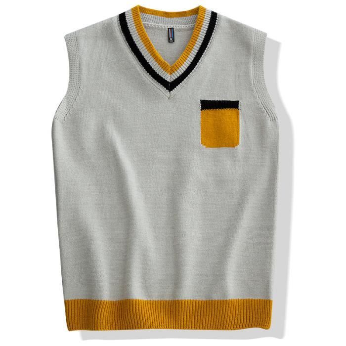 Gilet Pull Homme Tricoté Bricolore Fashion sans Manche Col V Casual Mi ...