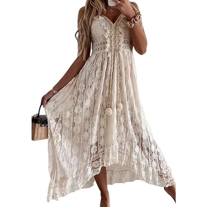 Robe d'été pour Femme Boho Maxi à Lacets avec Pompon col en V évasé à ...
