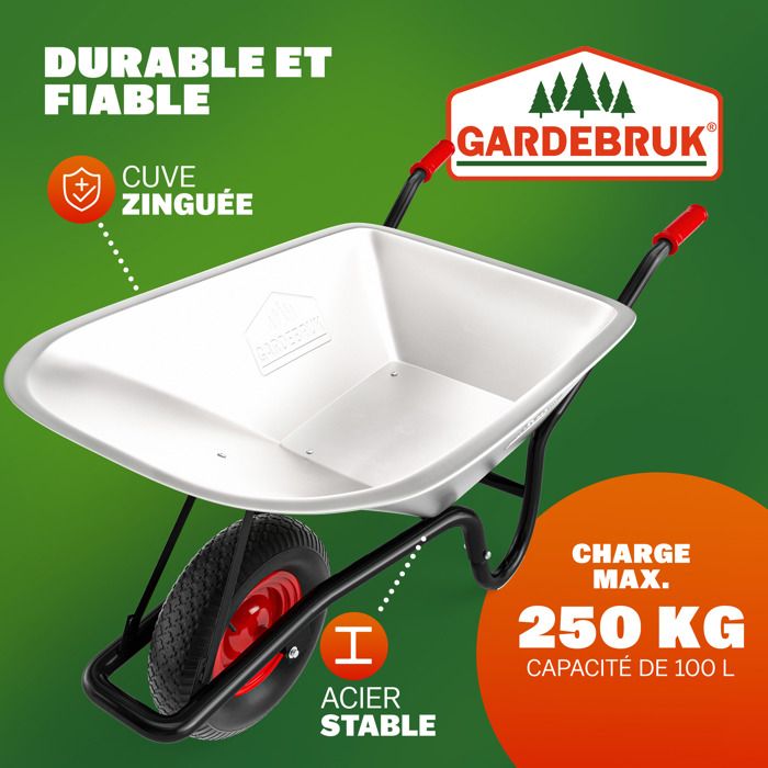 GARDEBRUK® Brouette 100L acier galvanisé 250kg pneu gonflable brouette ...