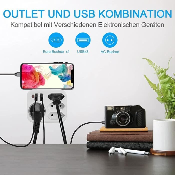 Prise USB sans fil, prise Quick Charge 3.0 avec 2 ports USB et 1 port ...