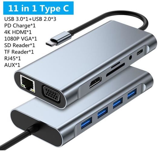 11 en 1 A - Adaptateur Multiport Station'accueil USB type c Hub 3.0 avec 4K HDMI RJ45 SD-TF VGA ...