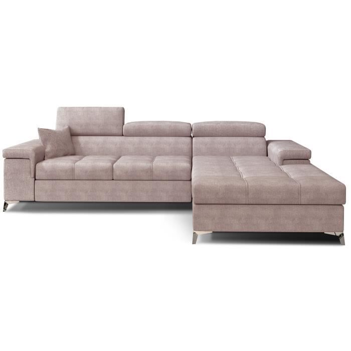 Canapé angle droit convertible tissu rose clair avec appuis-tête réglables Rikaro 280 cm ...
