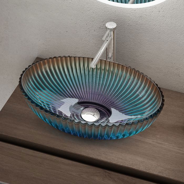 Doporro Lavabo à Poser Vasque en Verre Bleu Lave Mains Ovale de Salle ...